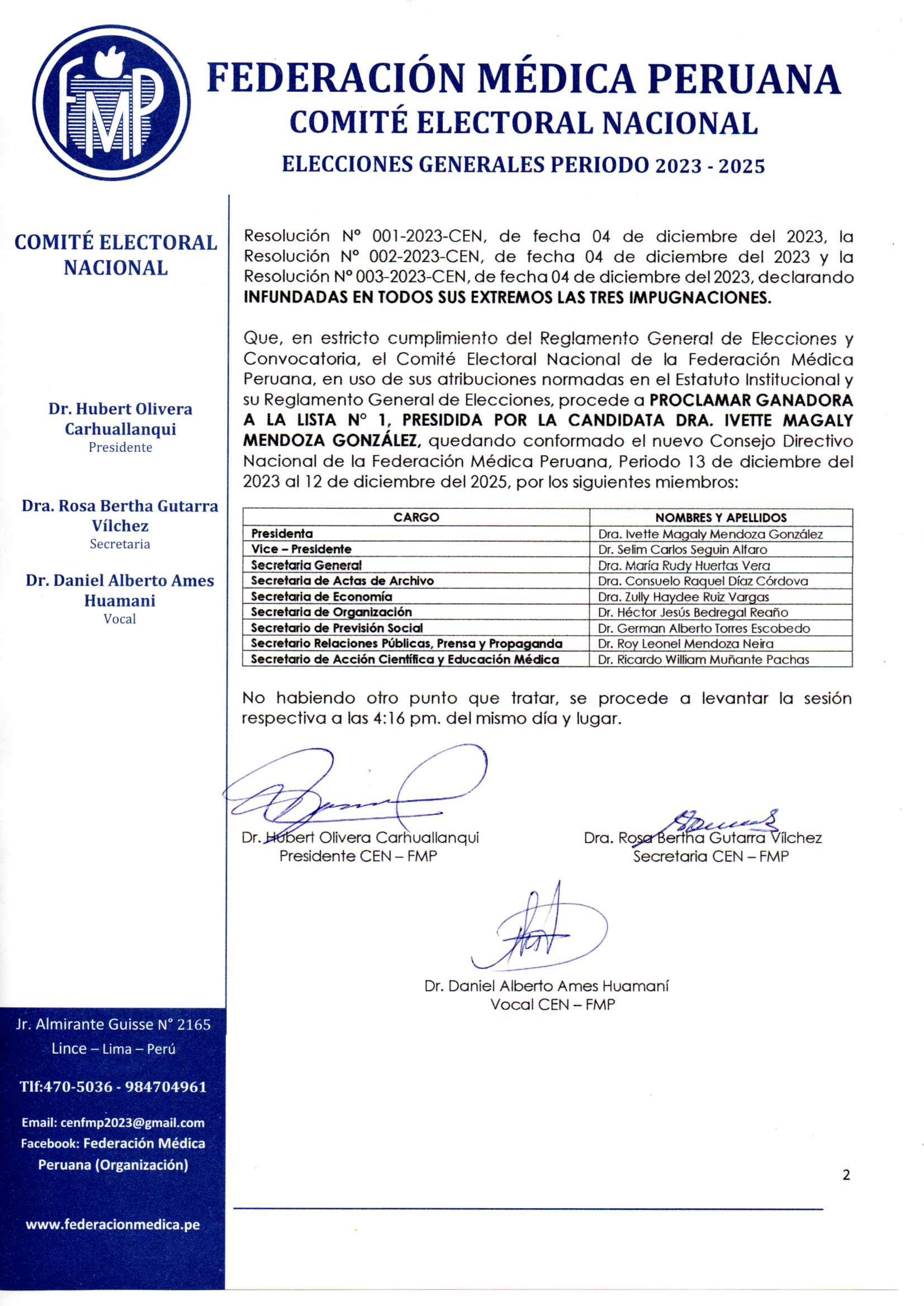 🔵 Comité Electoral Nacional FMP – Periodo 2023 – 2025 – Acta de proclamación de la Lista ...